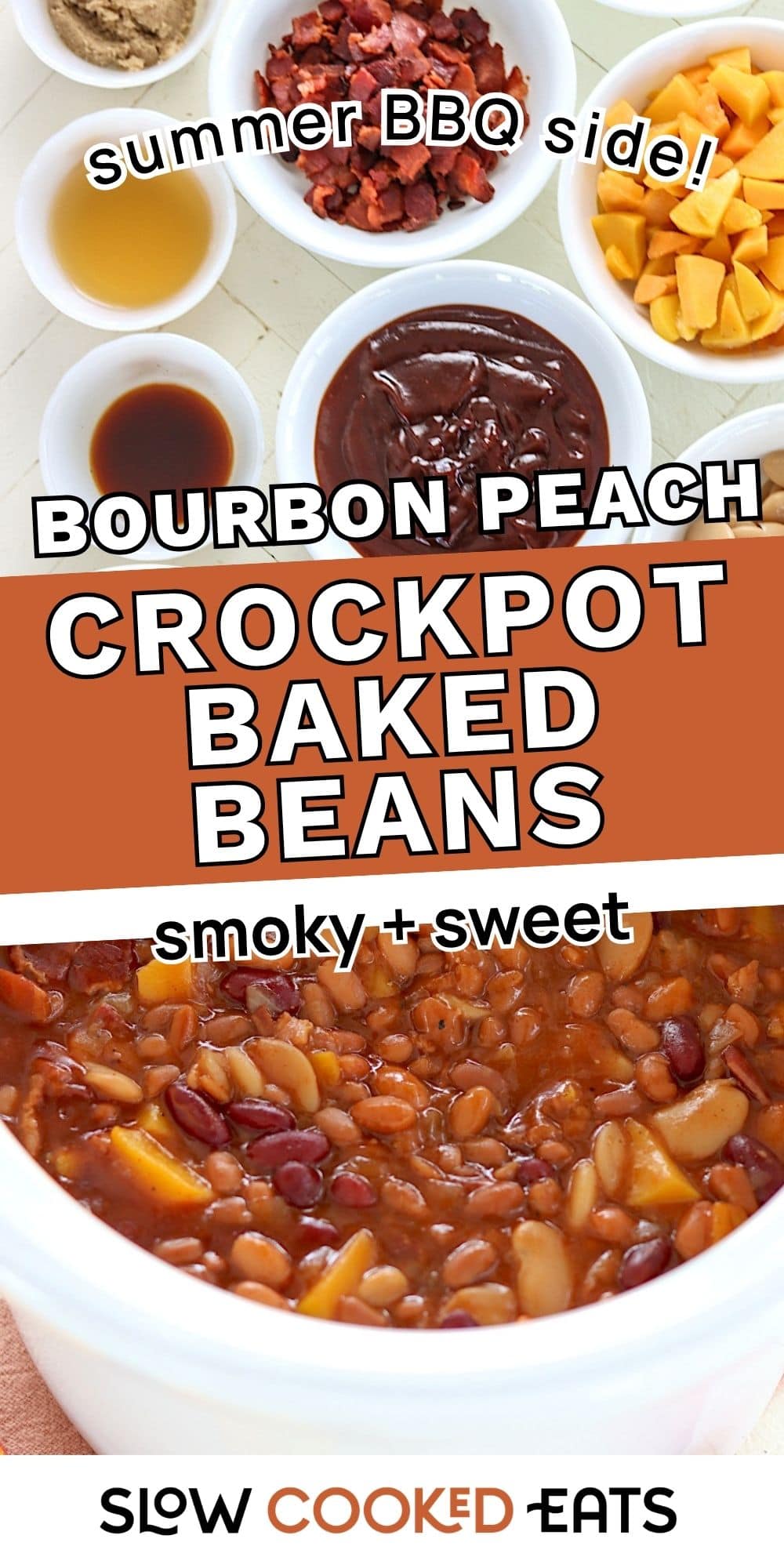 Dump-and-Go Peach Bourbon Baked Beans Crockpot Recipe • Slow Cooked Eats